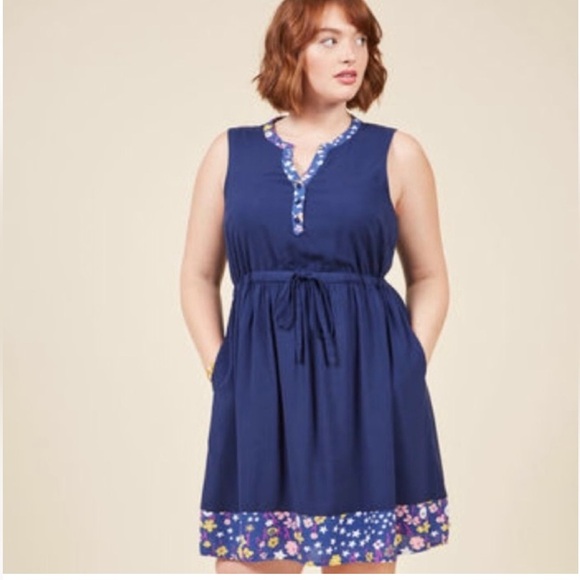 Modcloth | Dresses | Modcloth Blue Popover Dress Star Floral Trim Navy ...